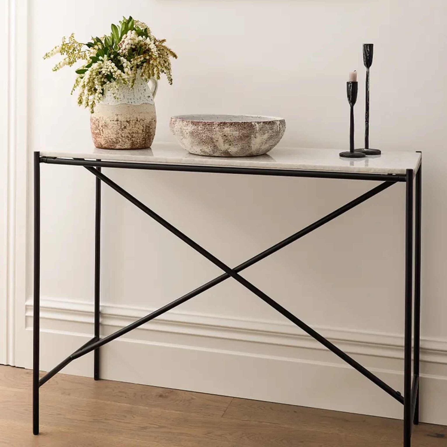 Calypso Cross Bar Iron and Marble Console - Empress Homewares ...
